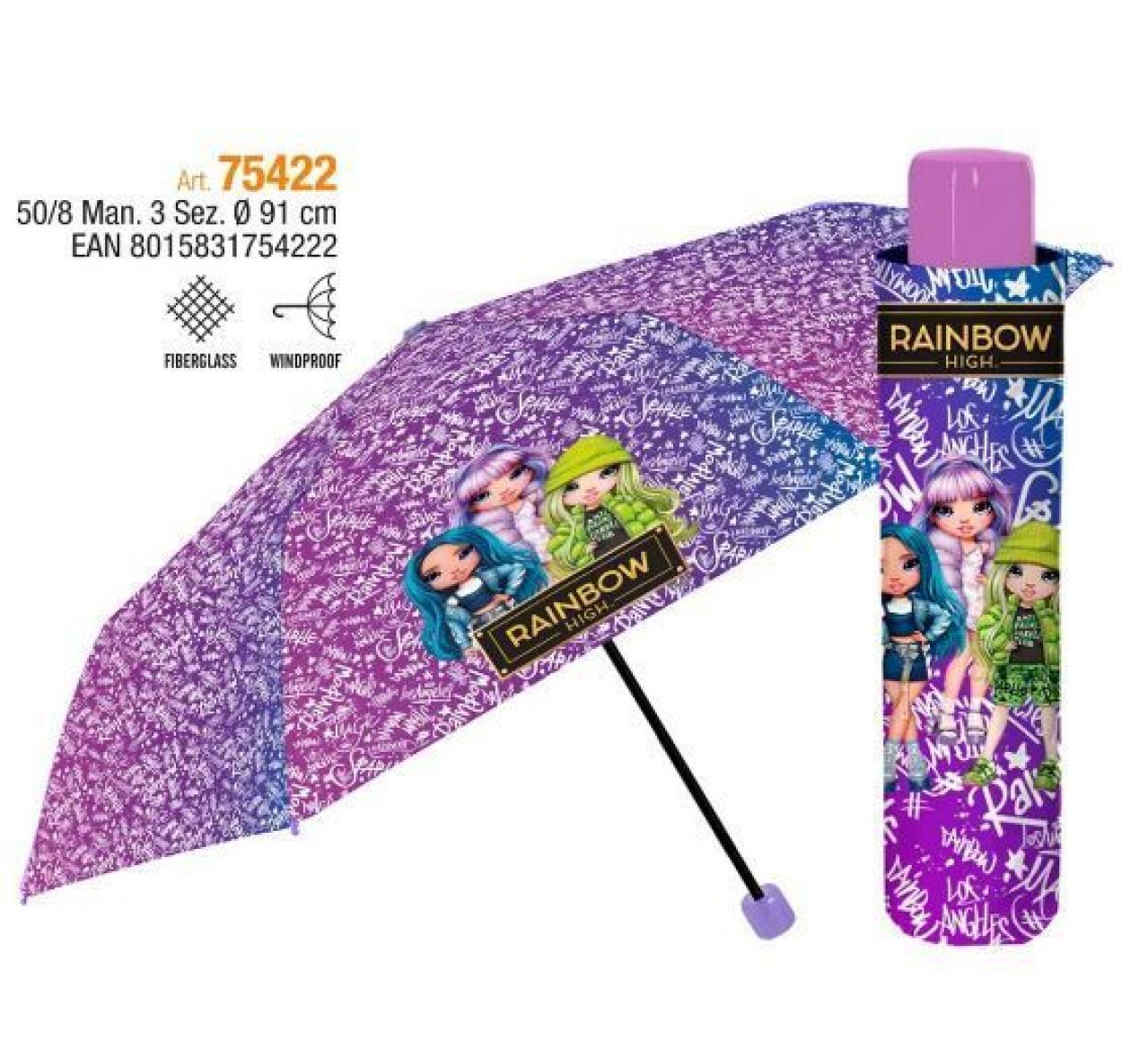 OMBRELLO MINI MANUALE 50cm ANTIVENTO RAINBOW HIGH 75422 4...